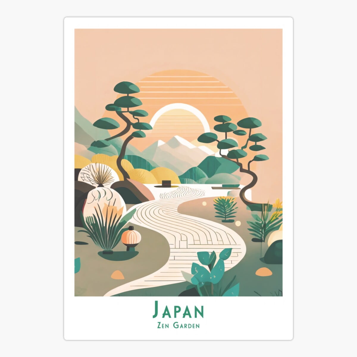 Maneki Vintage Minimal Retro Travel Poster Zen Garden Stylized Japan ...
