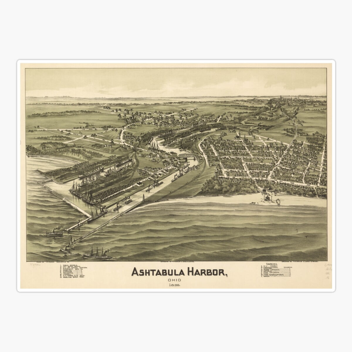 Maneki Vintage Pictorial Map O Ashtabula Oh (1896) Sticker, Phone Decal ...