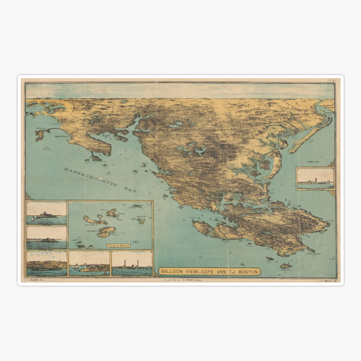 Maneki Vintage Pictorial Map O Cape Ann (1879) Sticker, Phone Decal ...