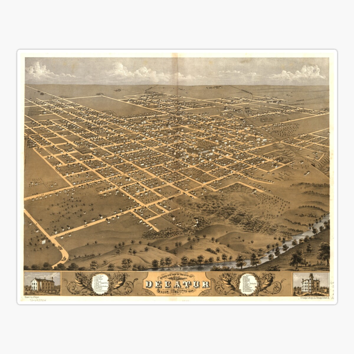 Maneki Vintage Pictorial Map O Decatur Il (1869) Sticker, Phone Decal ...