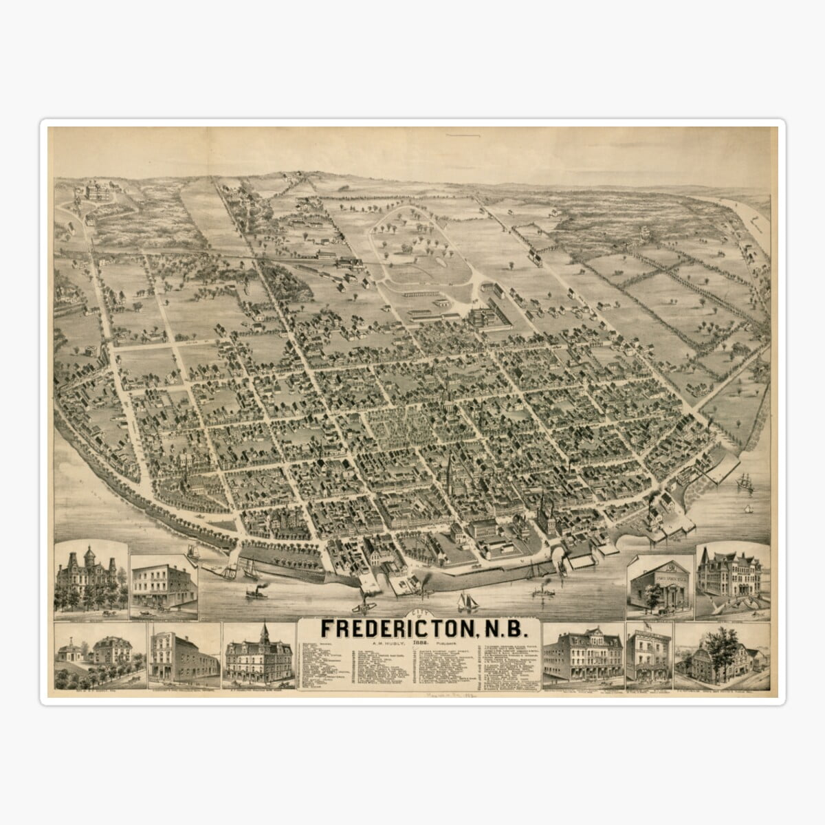 Maneki Vintage Pictorial Map O Redericton New Brunswick (1882) Sticker ...