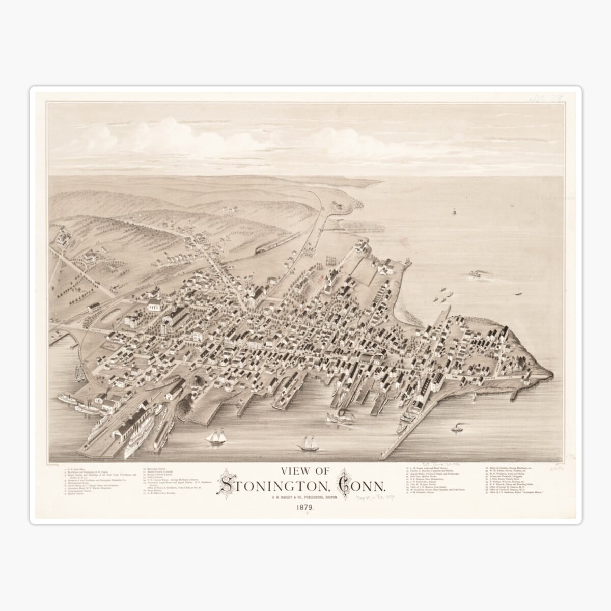 Maneki Vintage Pictorial Map O Stonington Ct (1879) Sticker, Phone ...