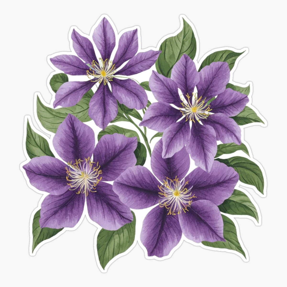 Maneki Vintage Purple Clematis Flower Watercolor Sticker, Phone Decal ...