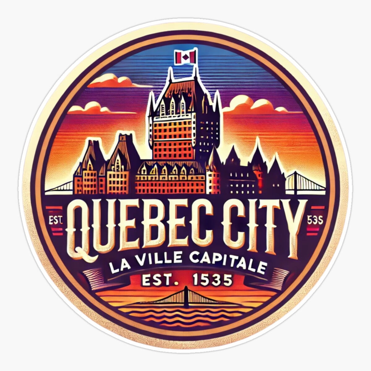 Maneki Vintage Quebec City Circular Skyline Art - Retro Sunset Design ...
