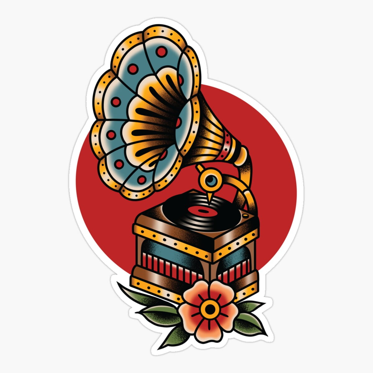 Maneki Vintage Record Player American Traditional Tattoo Sticker, Phone ...