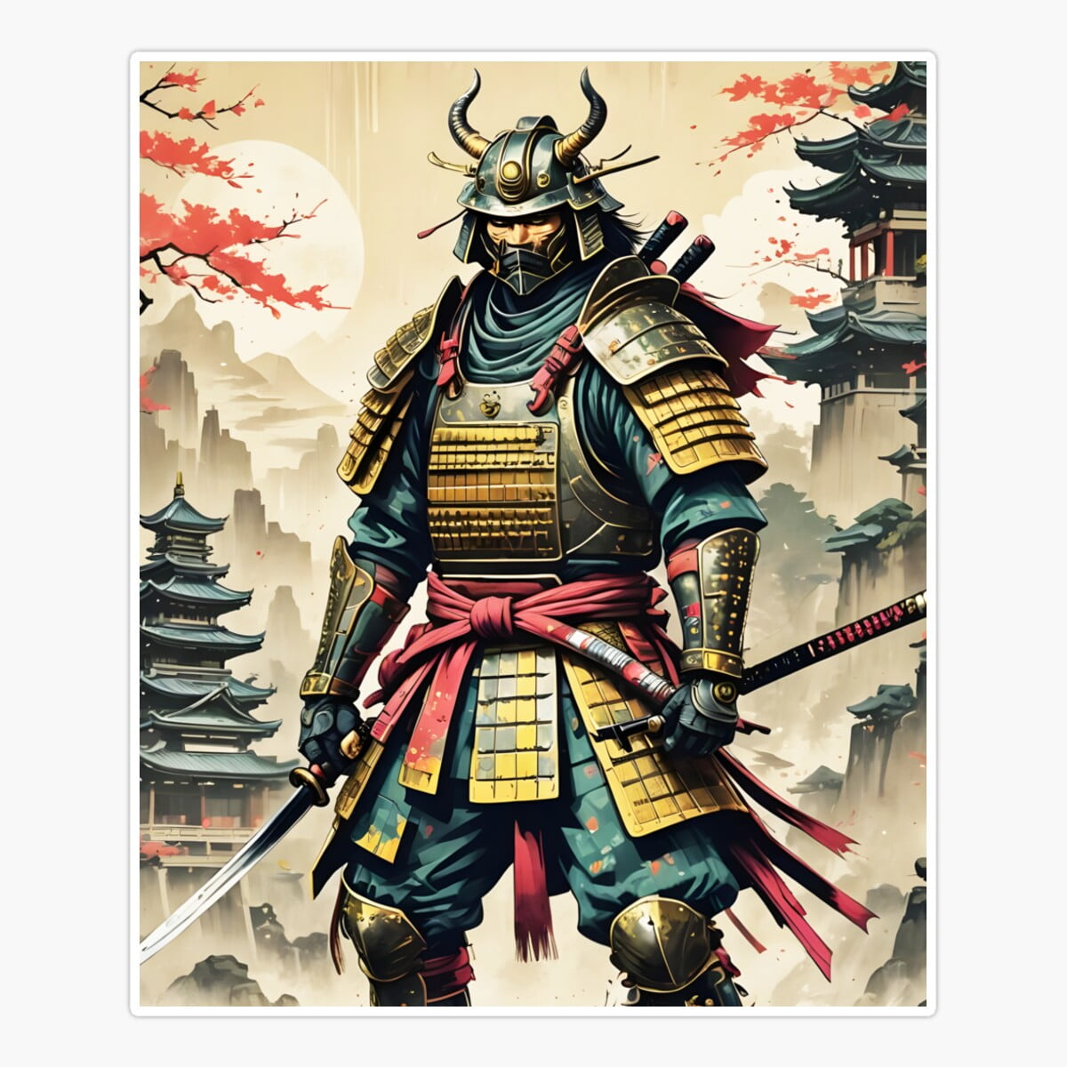 Maneki Vintage Samurai Warrior - Traditional Japanese Art Sticker ...