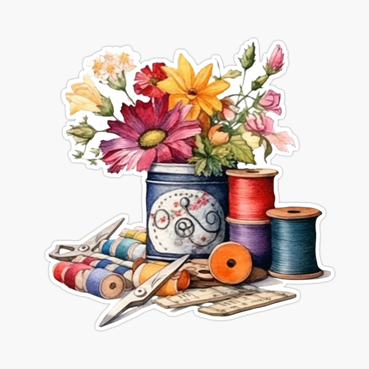 Maneki Vintage Sewing Flower And Sewing Tools Sticker, Phone Decal ...