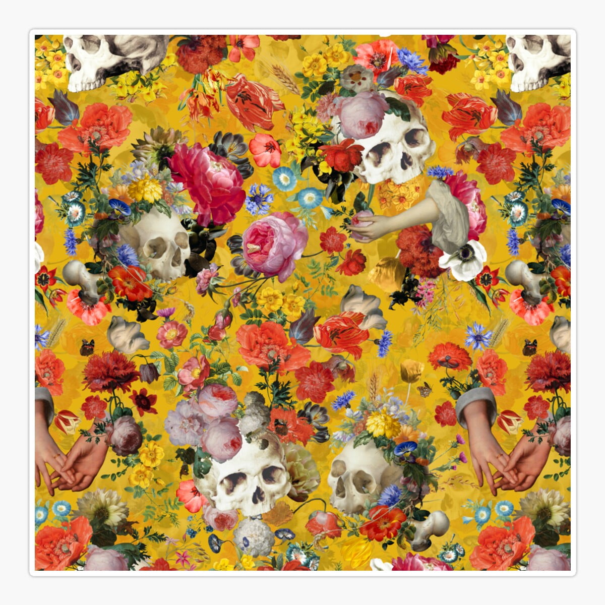 Maneki Vintage Skulls And Dutch Flowers Botanical Garden Yellow ...