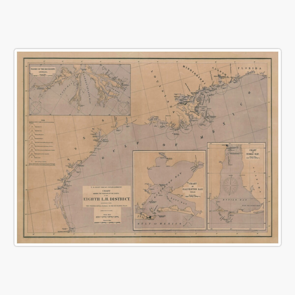 Maneki Vintage Texas, Louisiana & Mississippi Lighthouse Map Sticker ...