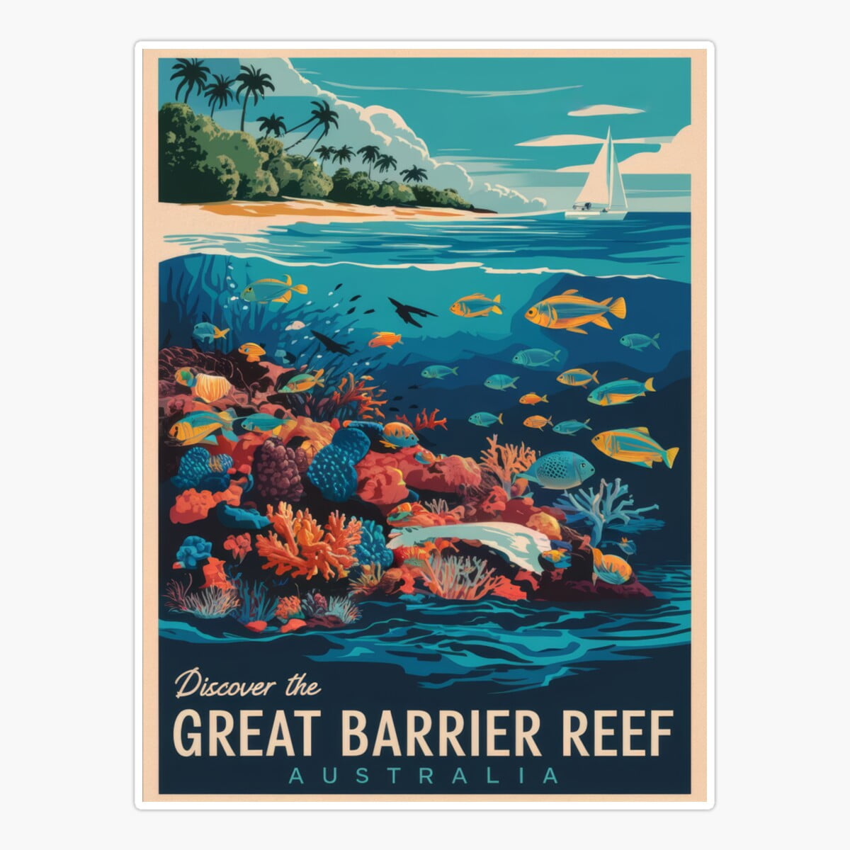 Maneki Vintage Travel Poster - Discover The Great Barrier Reef Retro ...
