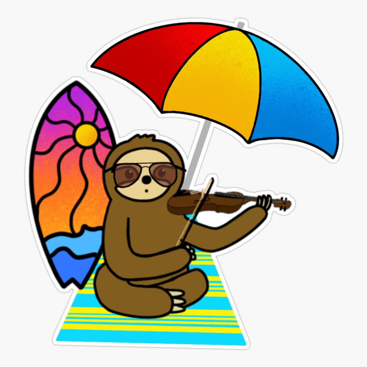 Maneki Violin Sloth At Beach Sticker, Phone Decal Water Bottle Stickers ...