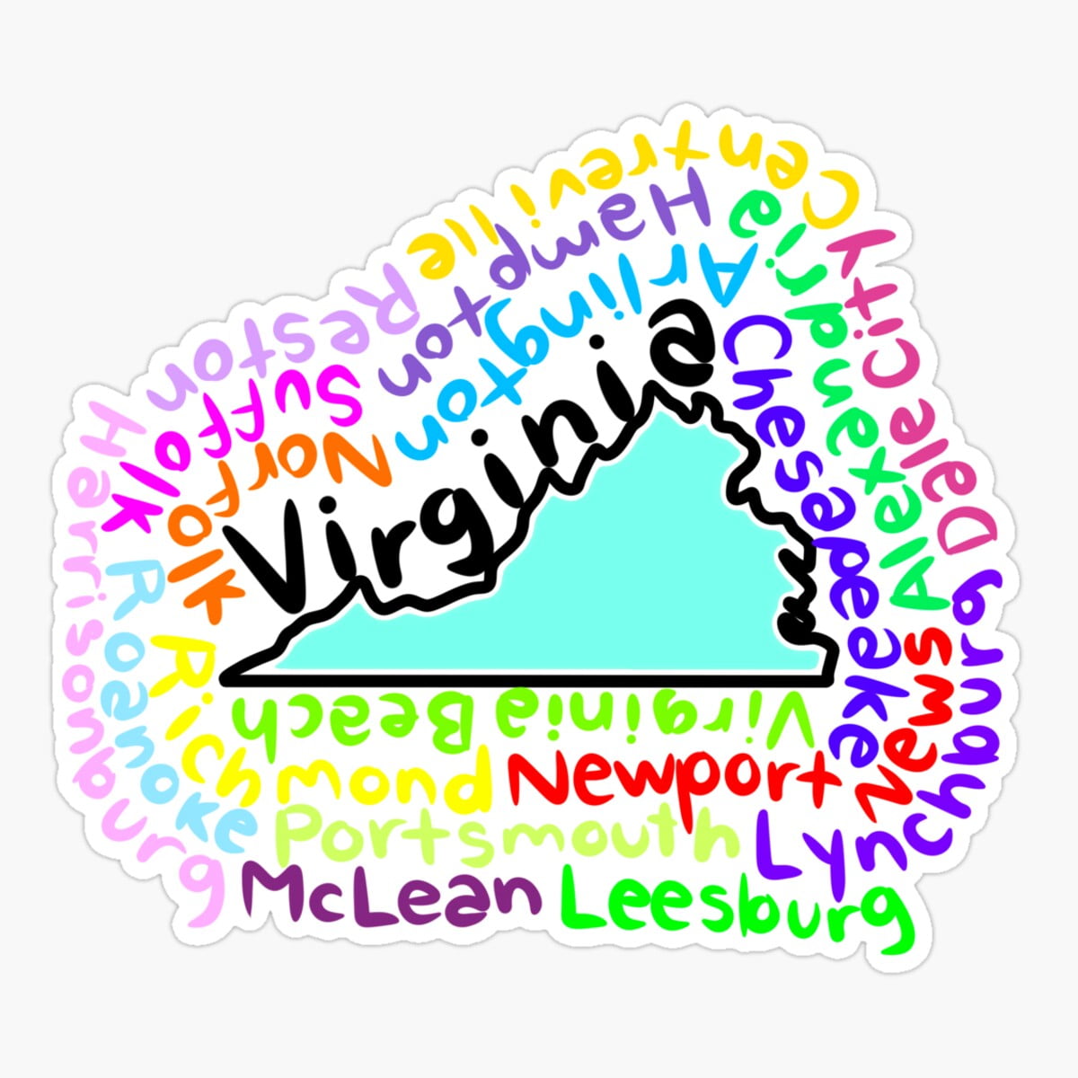 Maneki Virginia Map With Names Sticker, Phone Decal Water Bottle ...