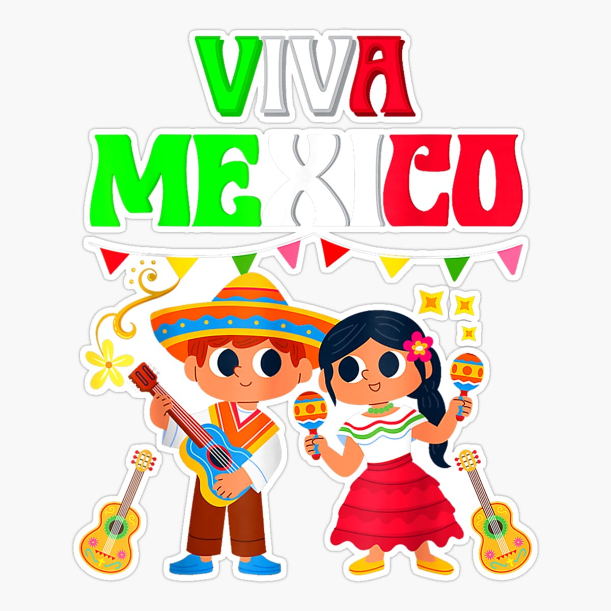 Maneki Viva Mexico Boy Girl Maracas Guitar Mexican Independence Sticker ...