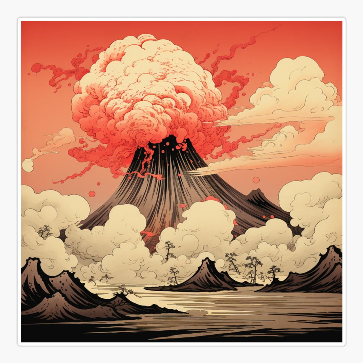 Maneki Volcano Eruption Hokusai 2 Sticker, Phone Decal Water Bottle ...