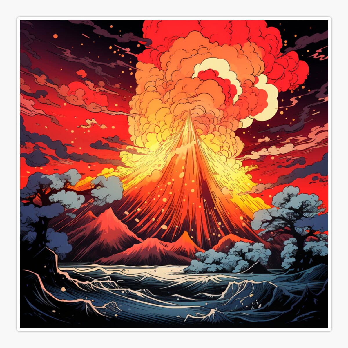 Maneki Volcano Eruption Hokusai 3 Sticker, Phone Decal Water Bottle ...