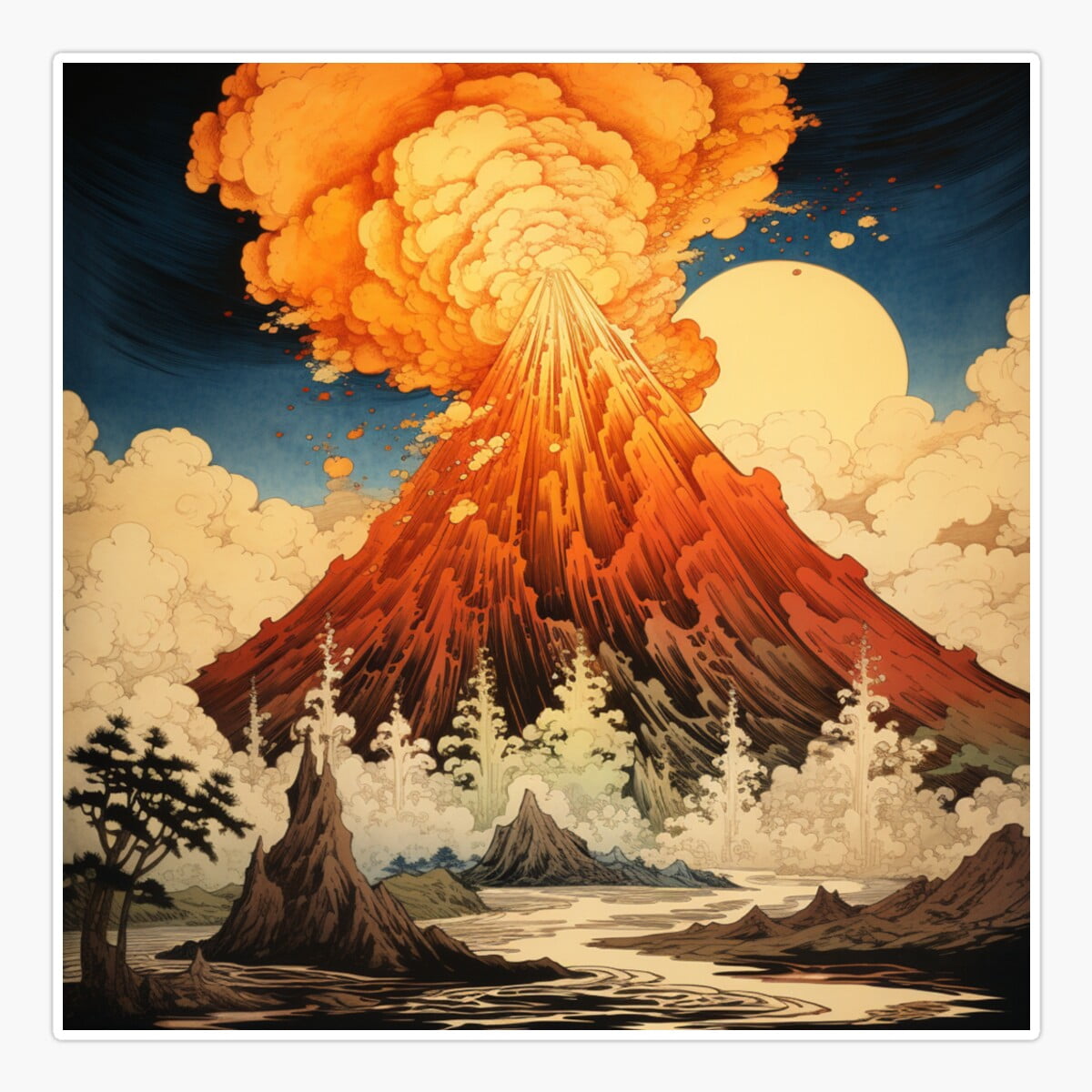 Maneki Volcano Eruption Hokusai 5 Sticker, Phone Decal Water Bottle ...
