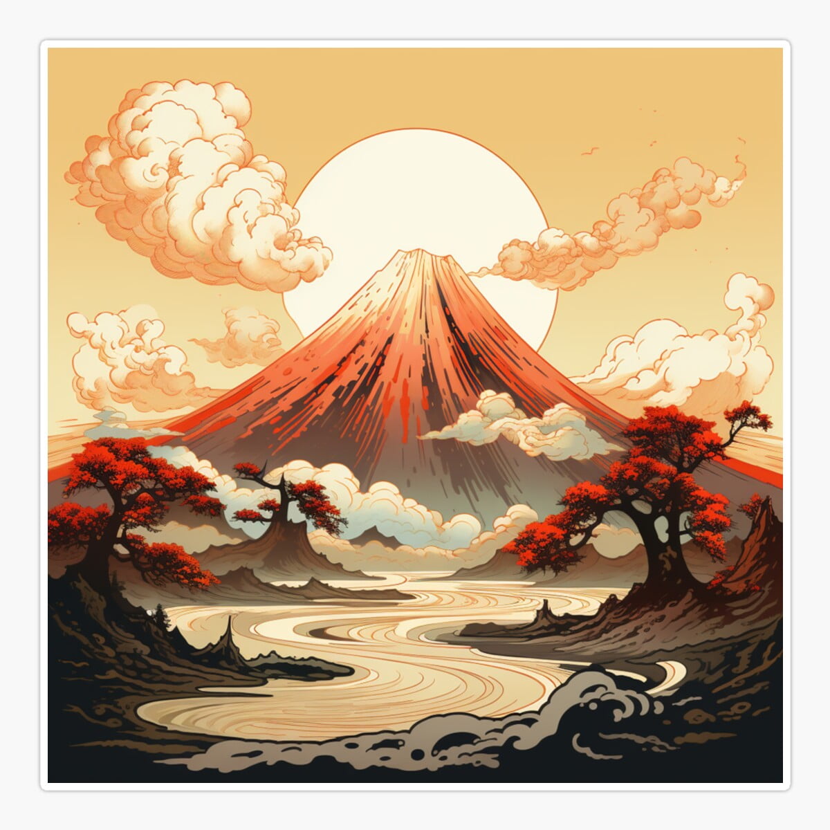 Maneki Volcano Eruption Hokusai 6 Sticker, Phone Decal Water Bottle ...