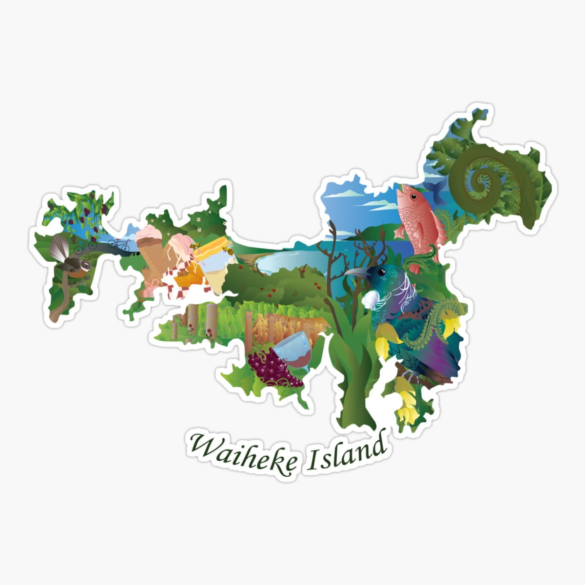 Maneki Waiheke Map With Native Bird And Scenery Sticker, Phone Decal ...