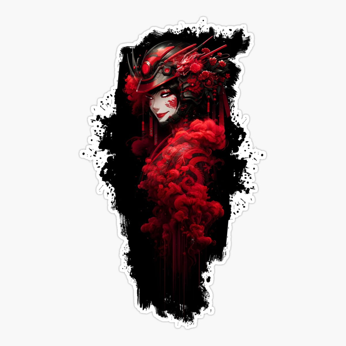 Maneki Warrior Samurai Geisha Red Chinese Dragon Sticker, Phone Decal ...