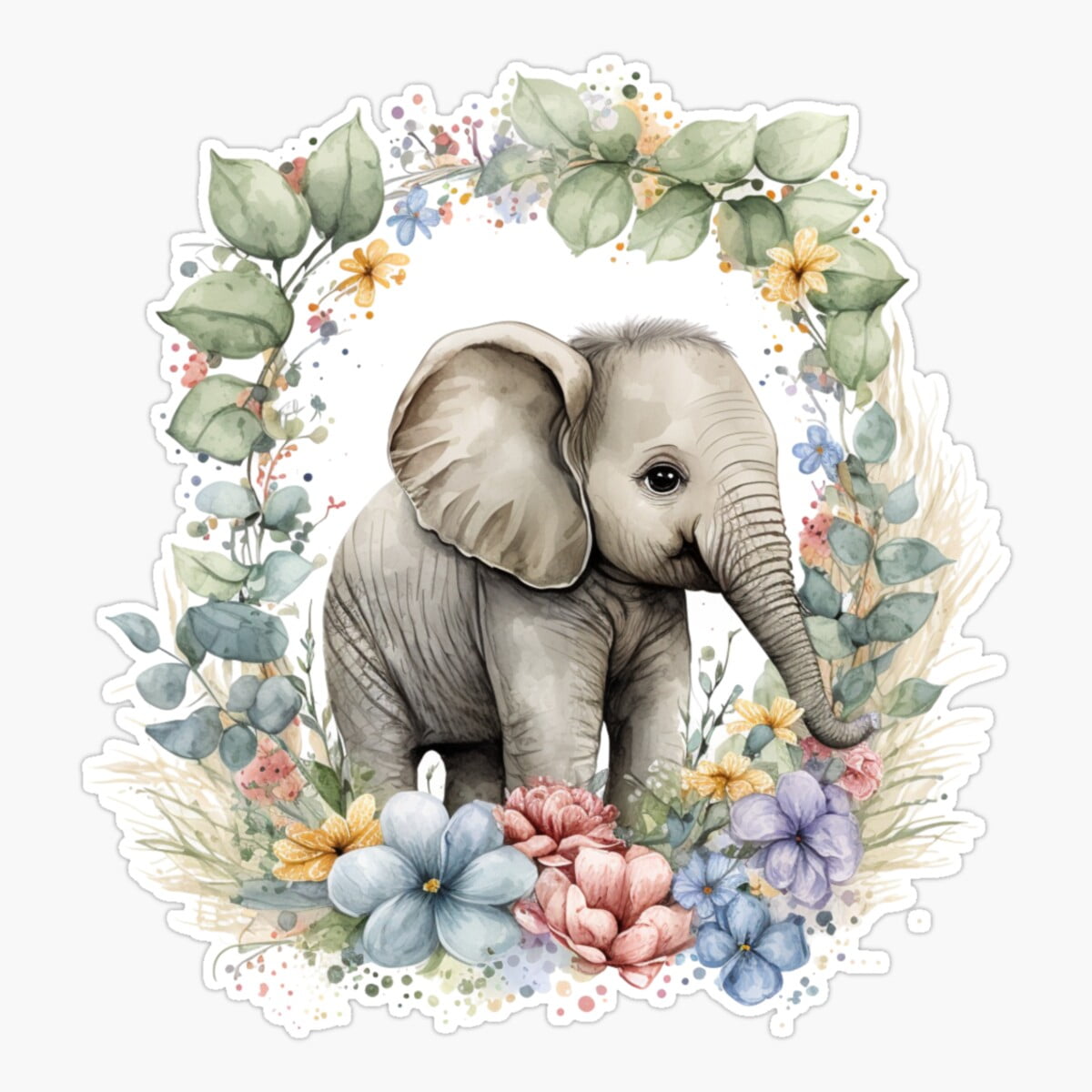 Maneki Watercolor Cute Baby Elephant With Flowers Er, Phone Decal Water Bottle Stickers Car ...