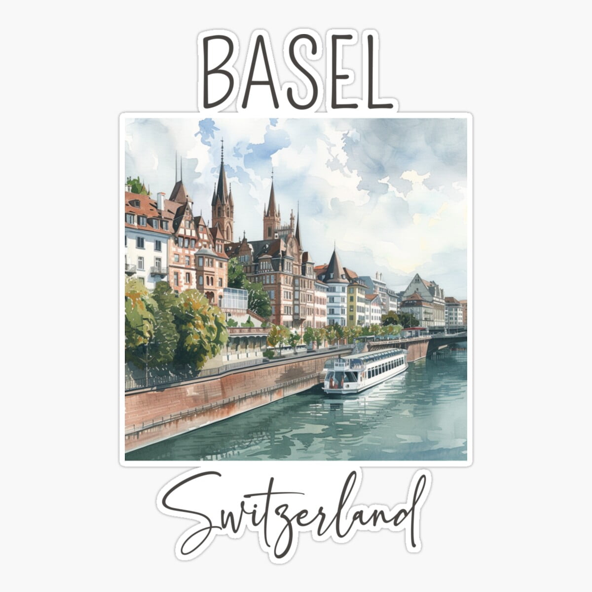 Maneki Watercolor Design Of Basel - Switzerland Sticker, Phone Decal ...