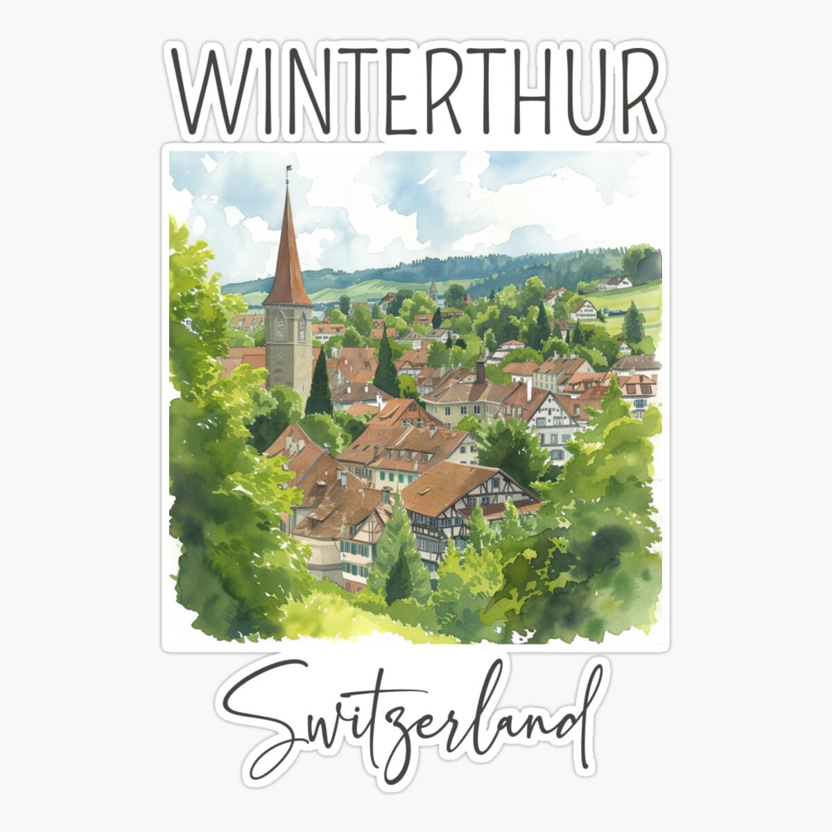 Maneki Watercolor Design Of Winterthur - Switzerland Sticker, Phone ...