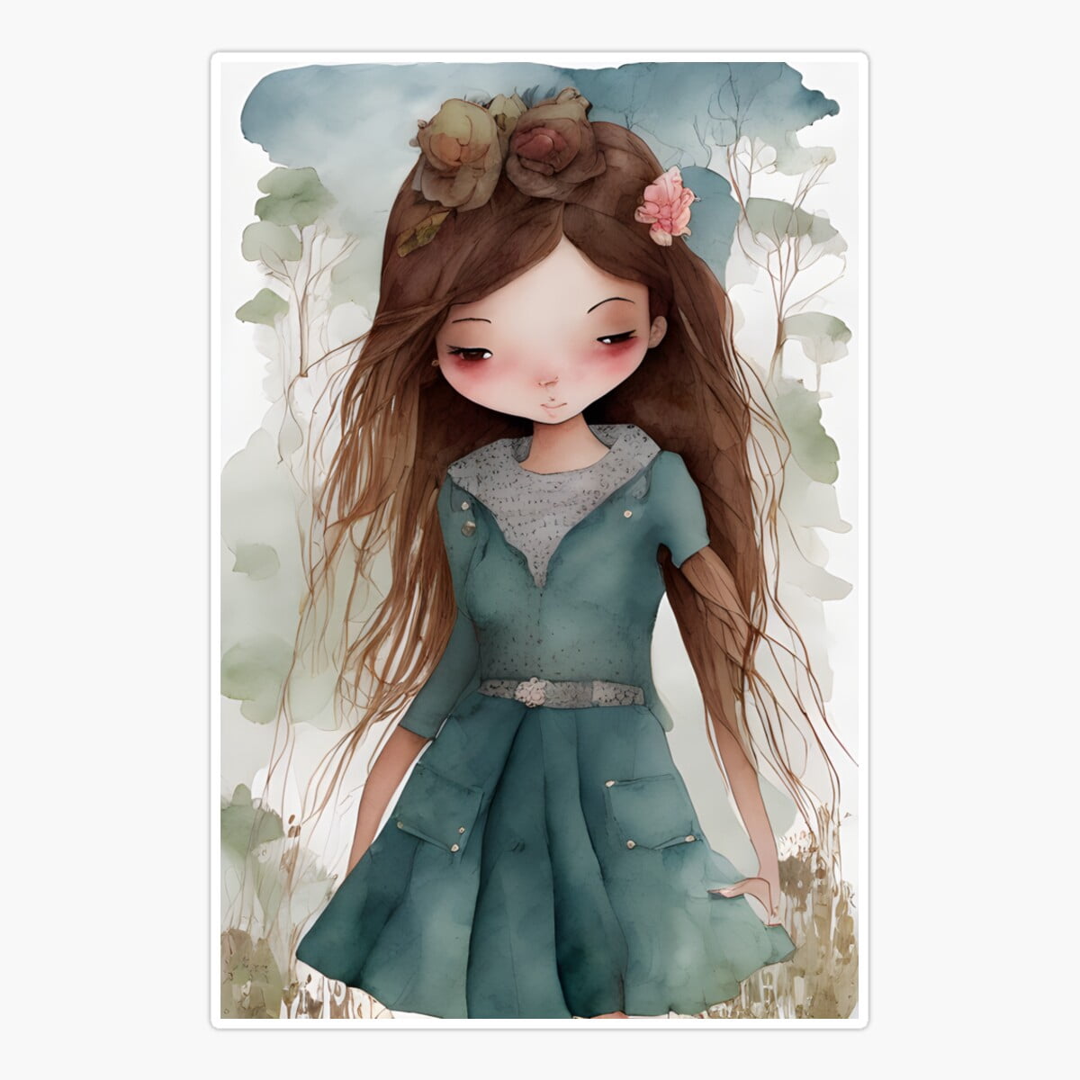 Maneki Watercolor Emotional Young Girl Sticker, Phone Decal Water ...