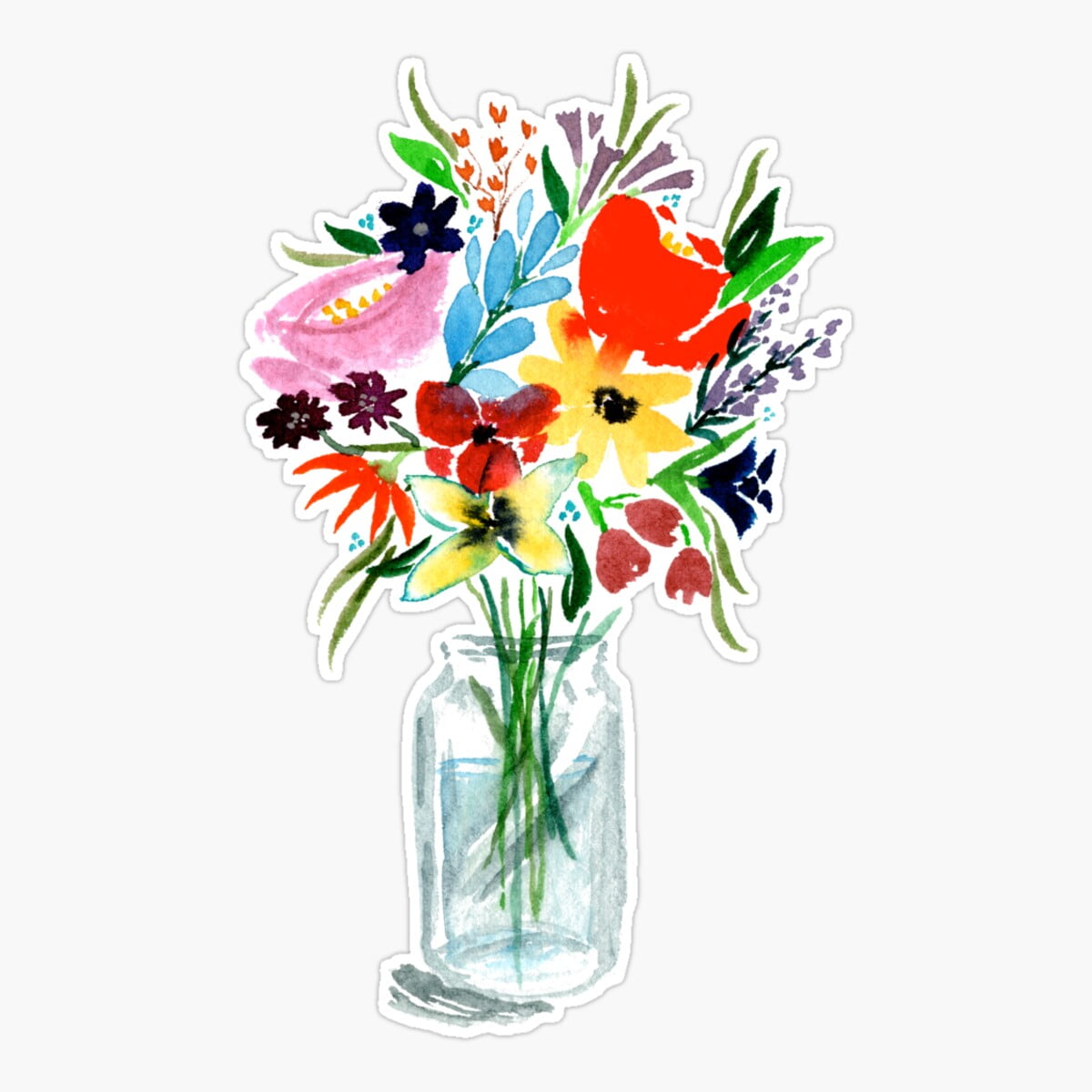 Maneki Watercolor Floral Bouquet In A Mason Jar Sticker, Phone Decal ...