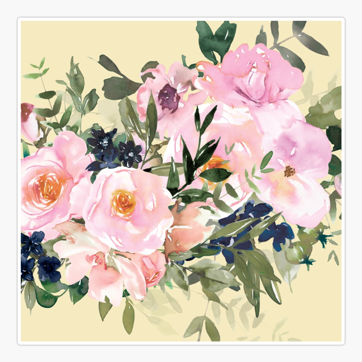 Maneki Watercolor Floral, Spring Rose Bouquet, Yellow And Pink Sticker ...