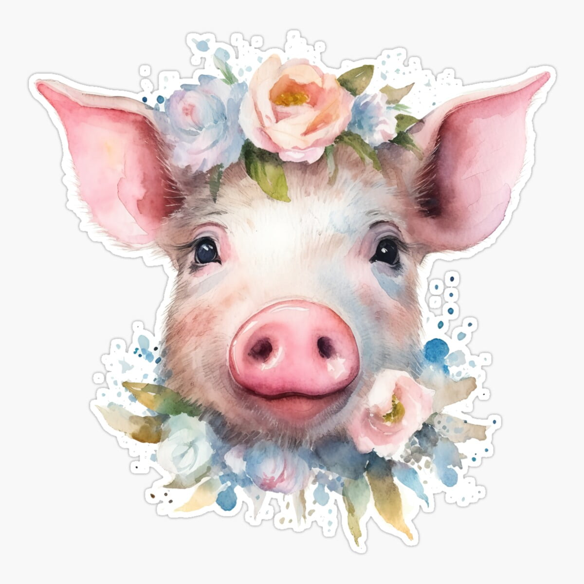 Maneki Watercolor Flower Crown Pig Sticker, Phone Decal Water Bottle ...