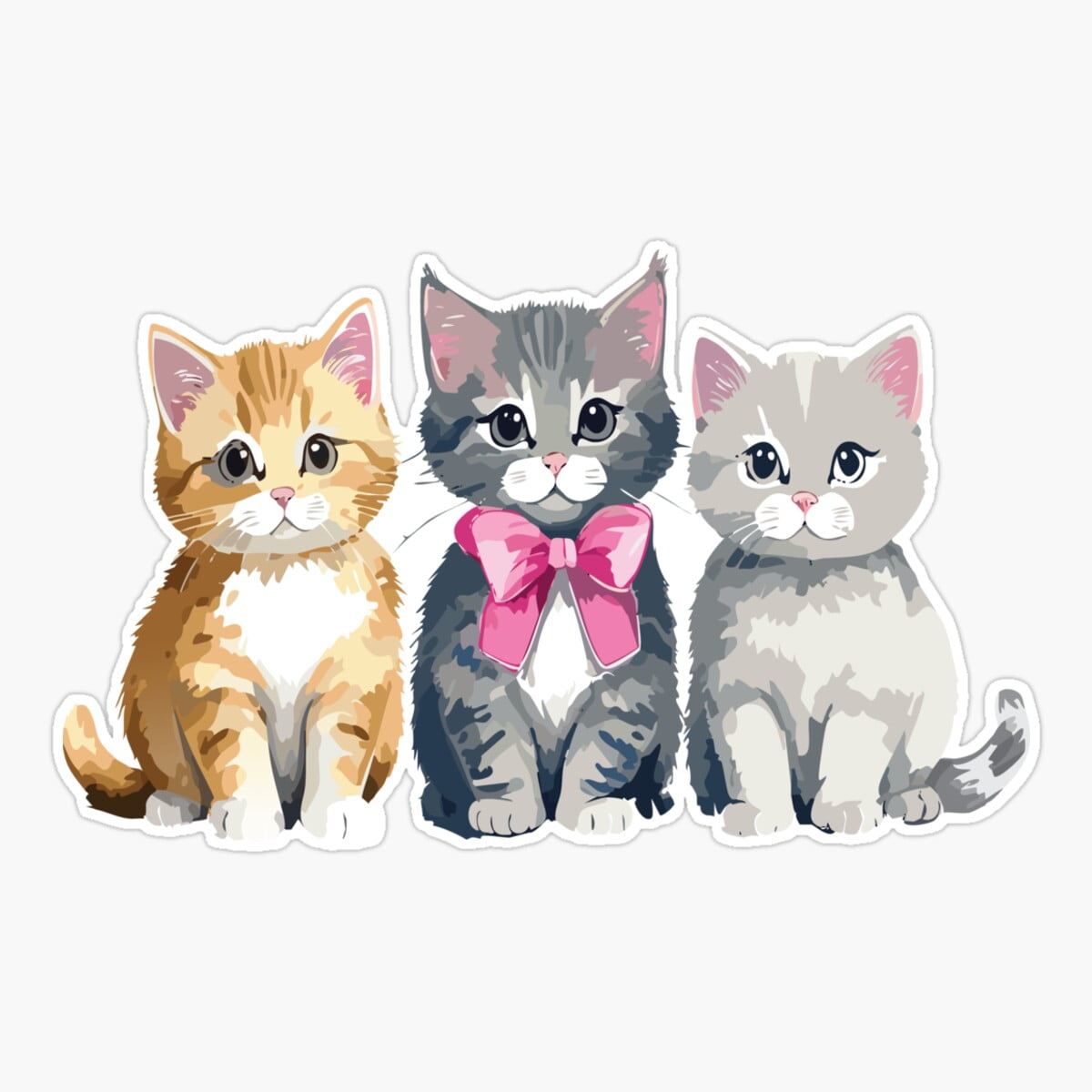 Maneki Watercolor Kittens in a Row with Bow, Cute Cat Illustration ...