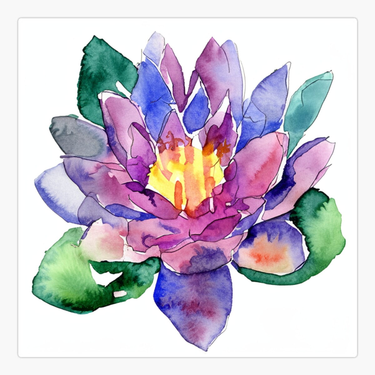 Maneki Watercolor Lotus With Linework Sticker, Phone Decal Water Bottle ...