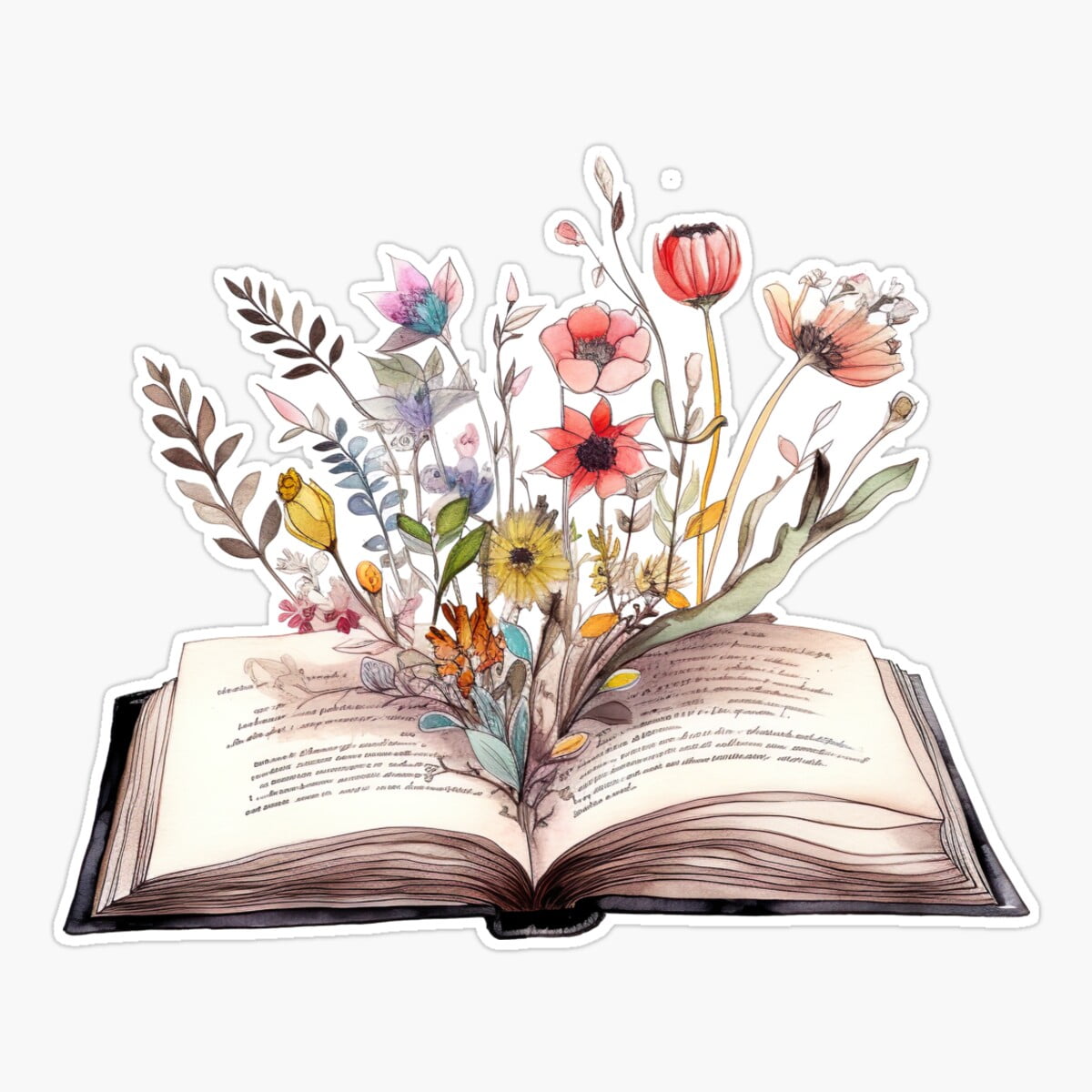 Maneki Watercolor Painting Of Open Book With Flowers: Botanical Art For ...