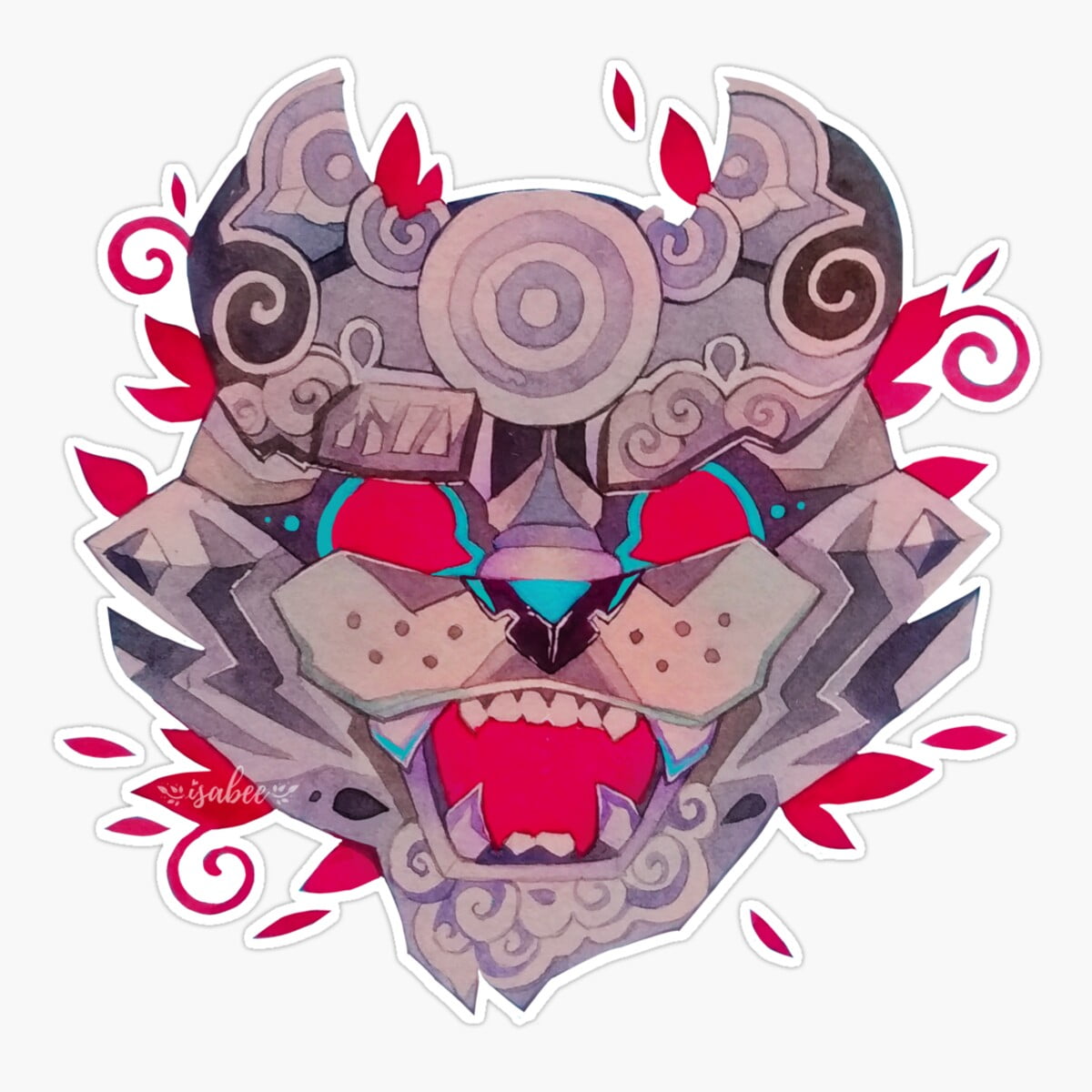 Maneki Watercolor Tiger Japanese Mask Illustration Sticker, Phone Decal ...