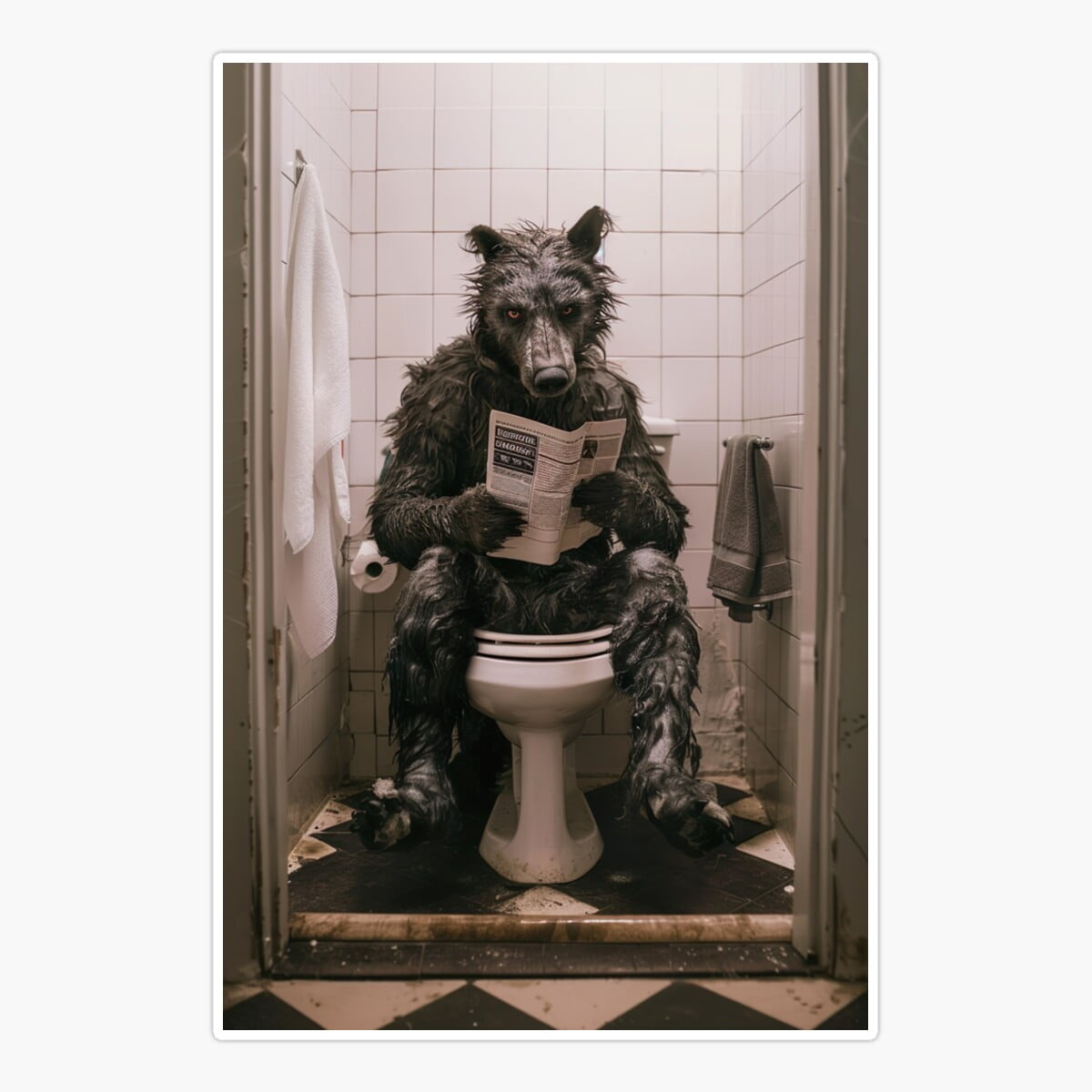 Maneki Werewolf Sitting On The Toilet Reading A Newspaper Sticker ...