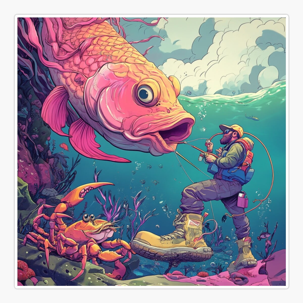 Maneki Whimsical Cartoon Isherman Reeling In A Giant Ish Underwater Er ...