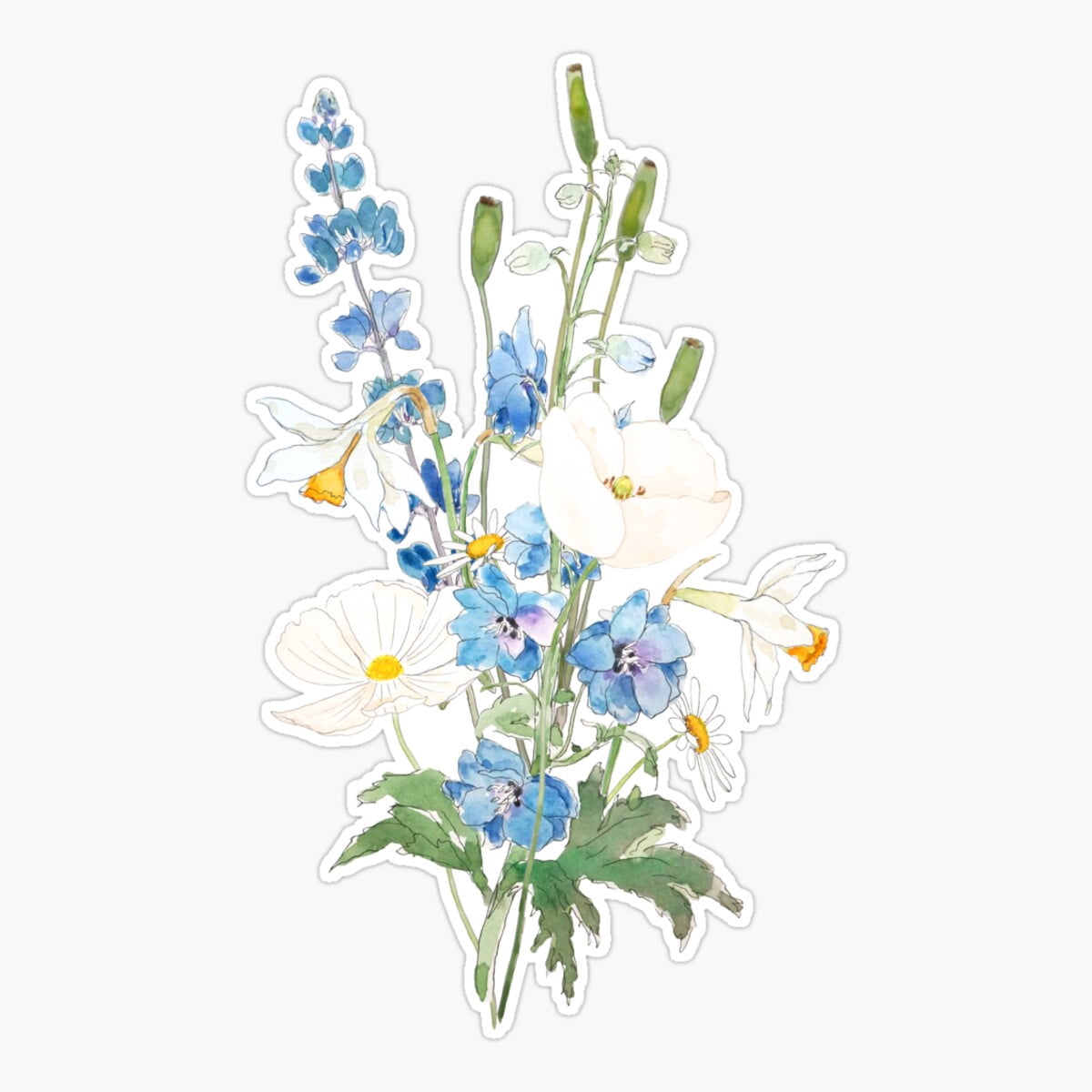 Maneki White And Blue Bouquet Ink And Watercolor Hand Painted Sticker ...