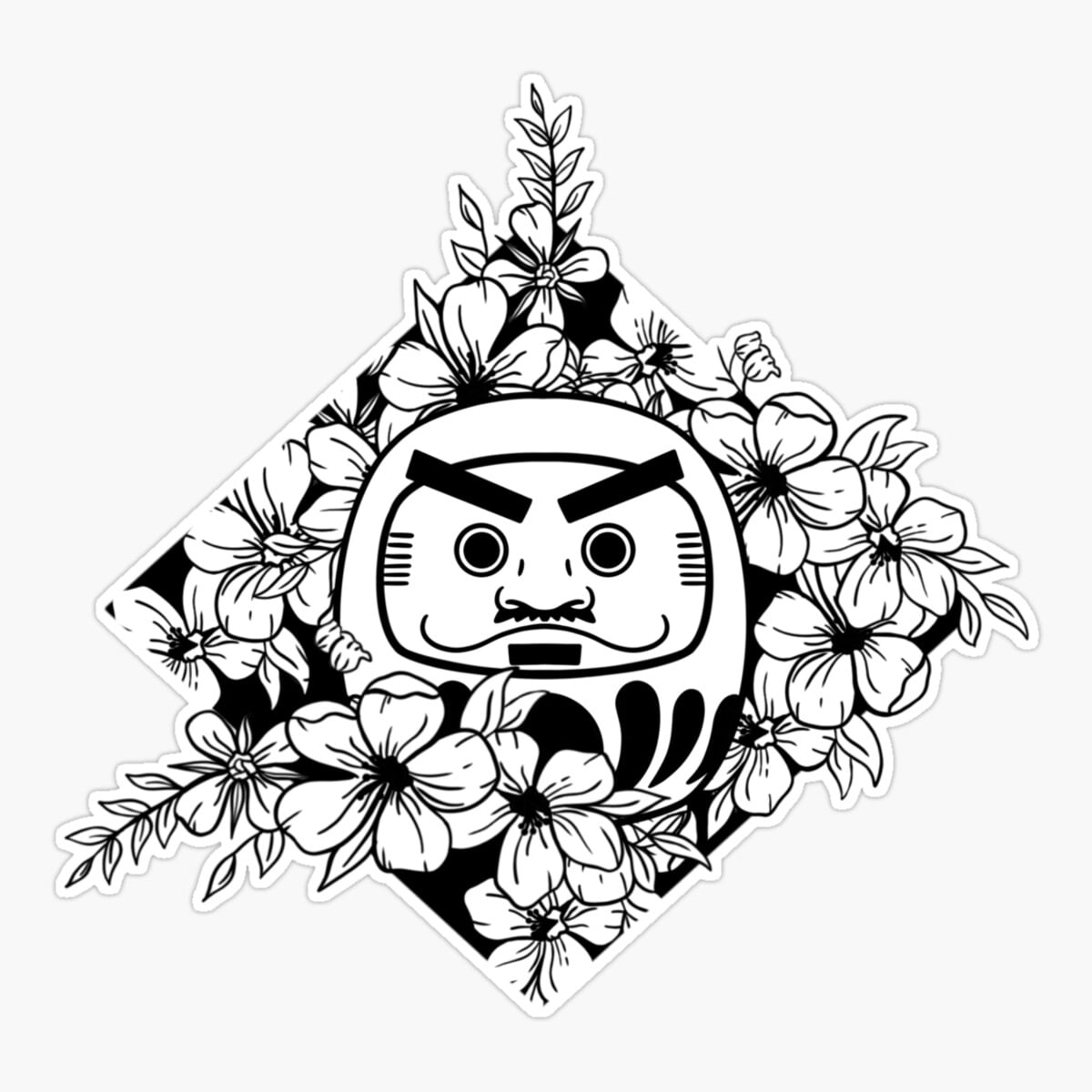 Maneki White Over Black Abstract Line Art Flower Pattern, Daruma With ...