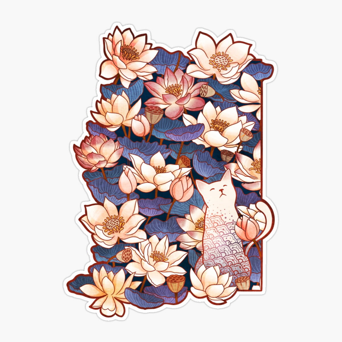 Maneki White Cat And Lotus Sticker, Phone Decal Water Bottle Stickers ...