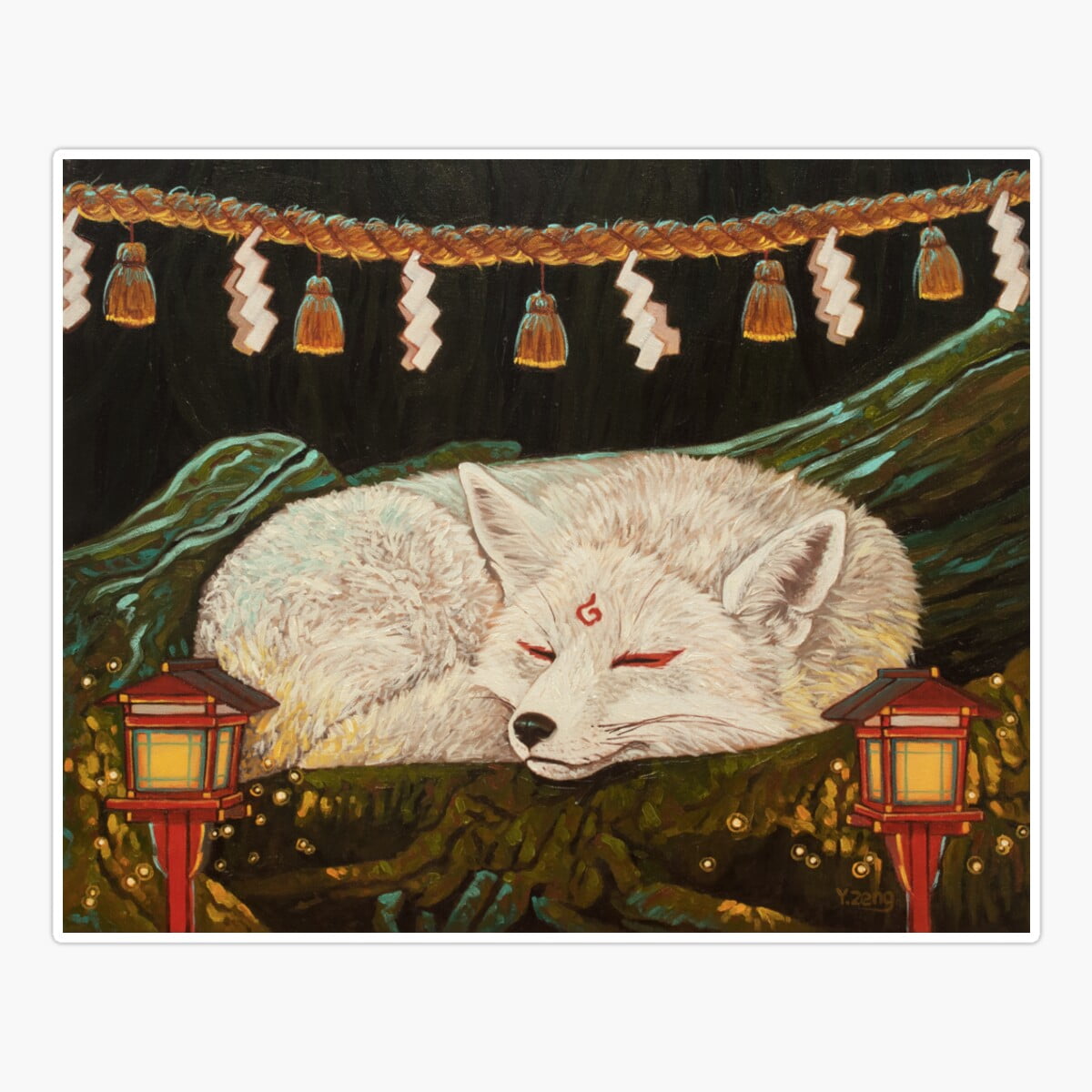 Maneki White Fox Shrine Fantasy Oil Painting Sticker, Phone Decal Water ...