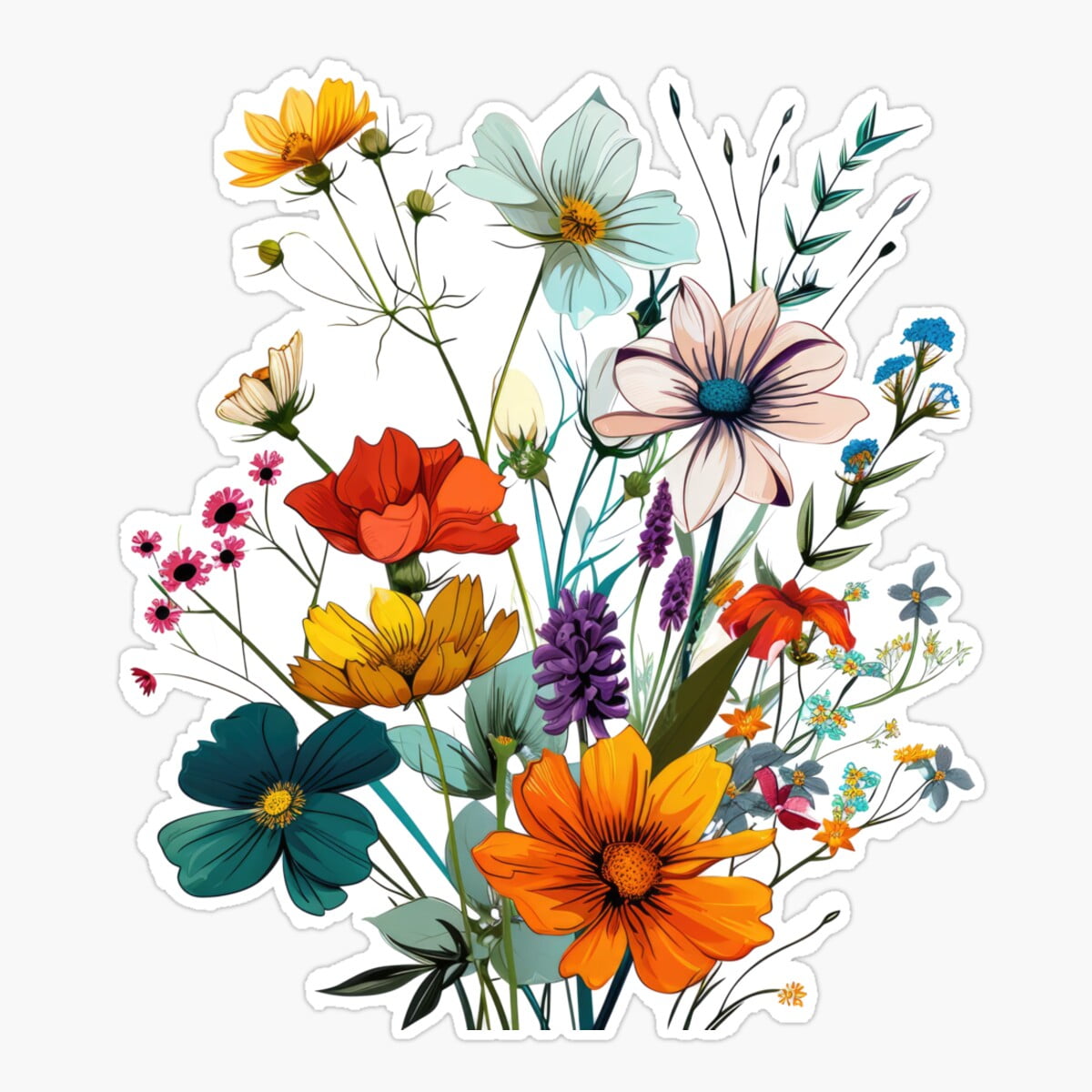 Maneki Wildflower Whimsy: A Vibrant Bouquet Illustration Sticker, Phone ...