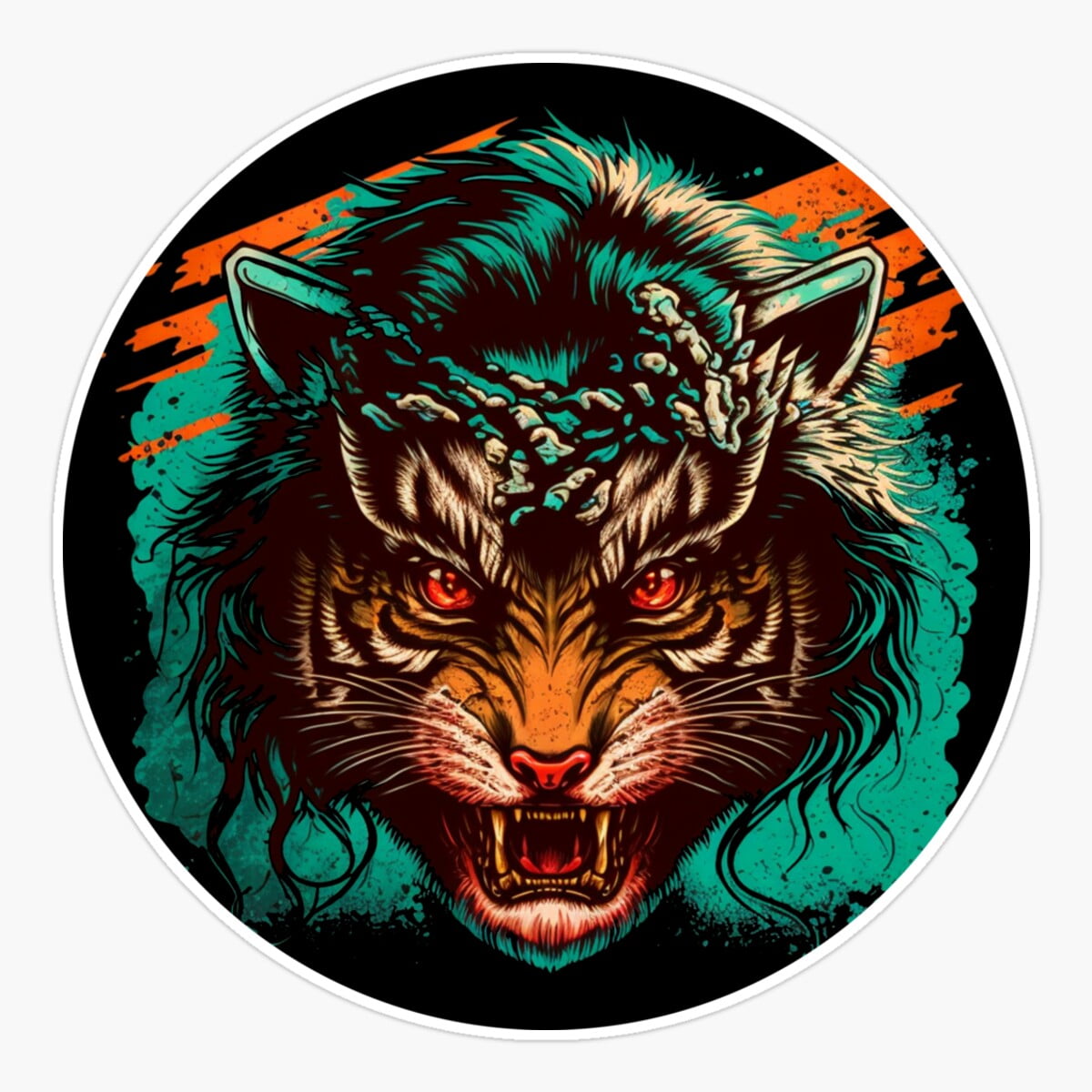 Maneki Wolf Face Roar Japanese Art Animal Retro Sticker, Phone Decal ...