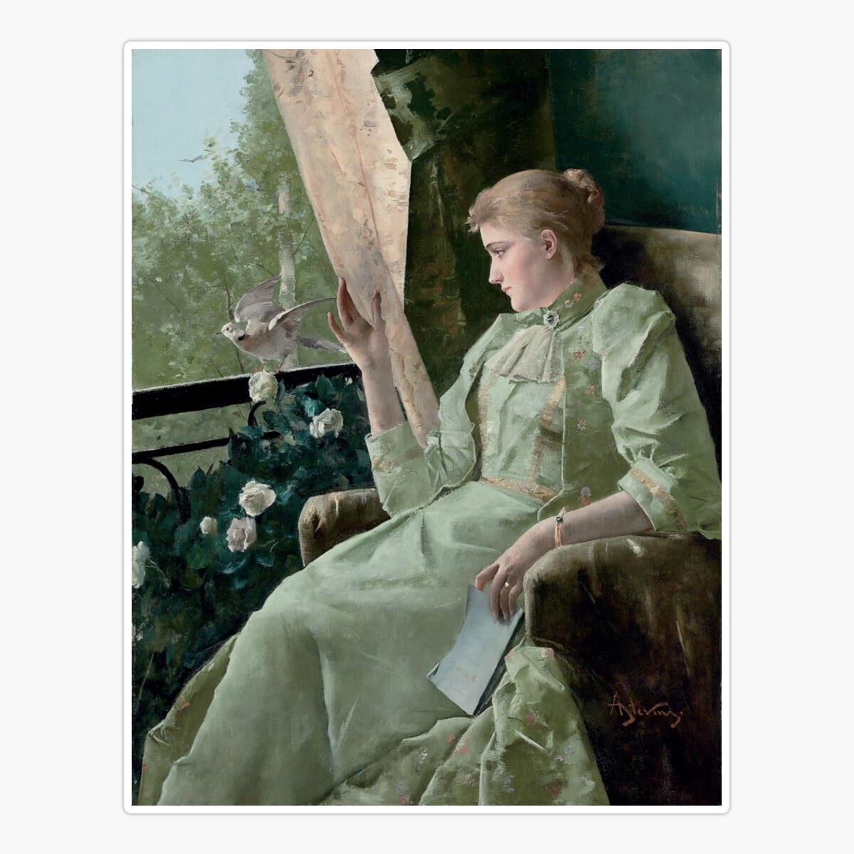 Maneki Woman In Green By Alfred Stevens - Vintage Art Sticker, Phone ...