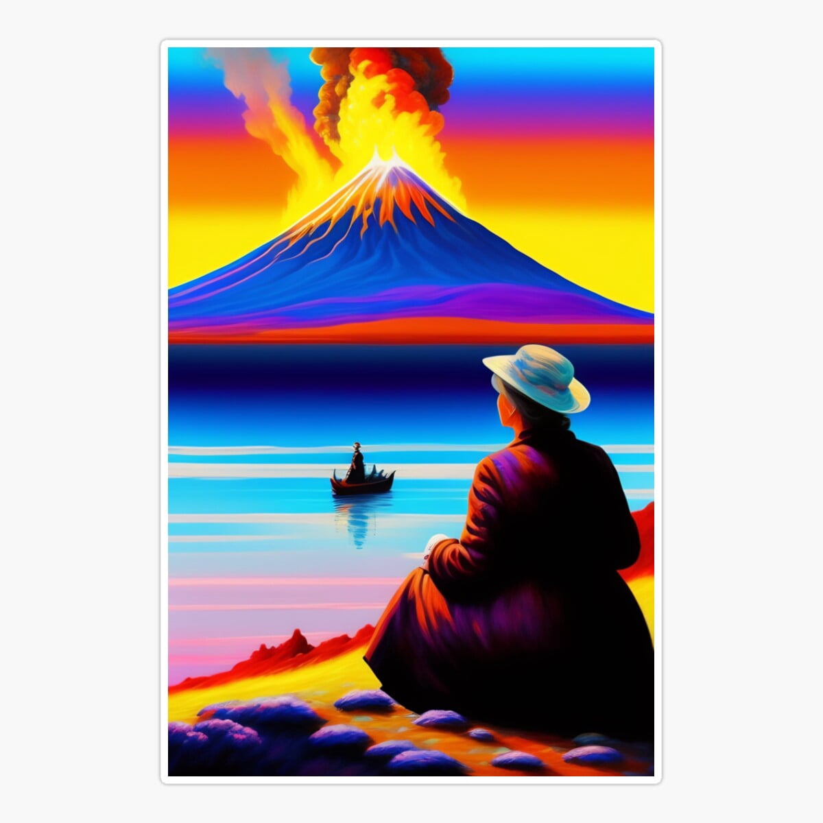 Maneki Woman Looking At A Beautiful Volcano Sticker, Phone Decal Water ...
