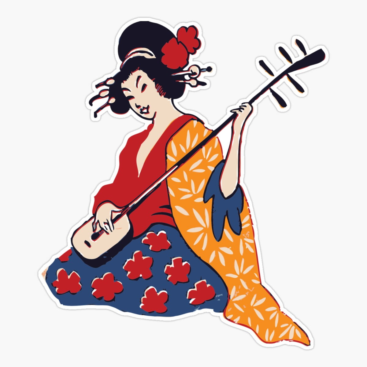 Maneki Woman Playing Sanshin Vintage Japanese Drawing Sticker, Phone ...