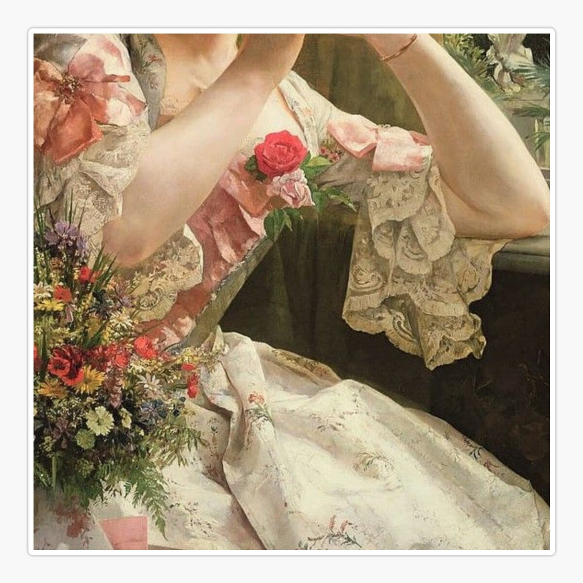 Maneki Woman With Flowers And Lace On Her Sleeve Renaissance Painting ...