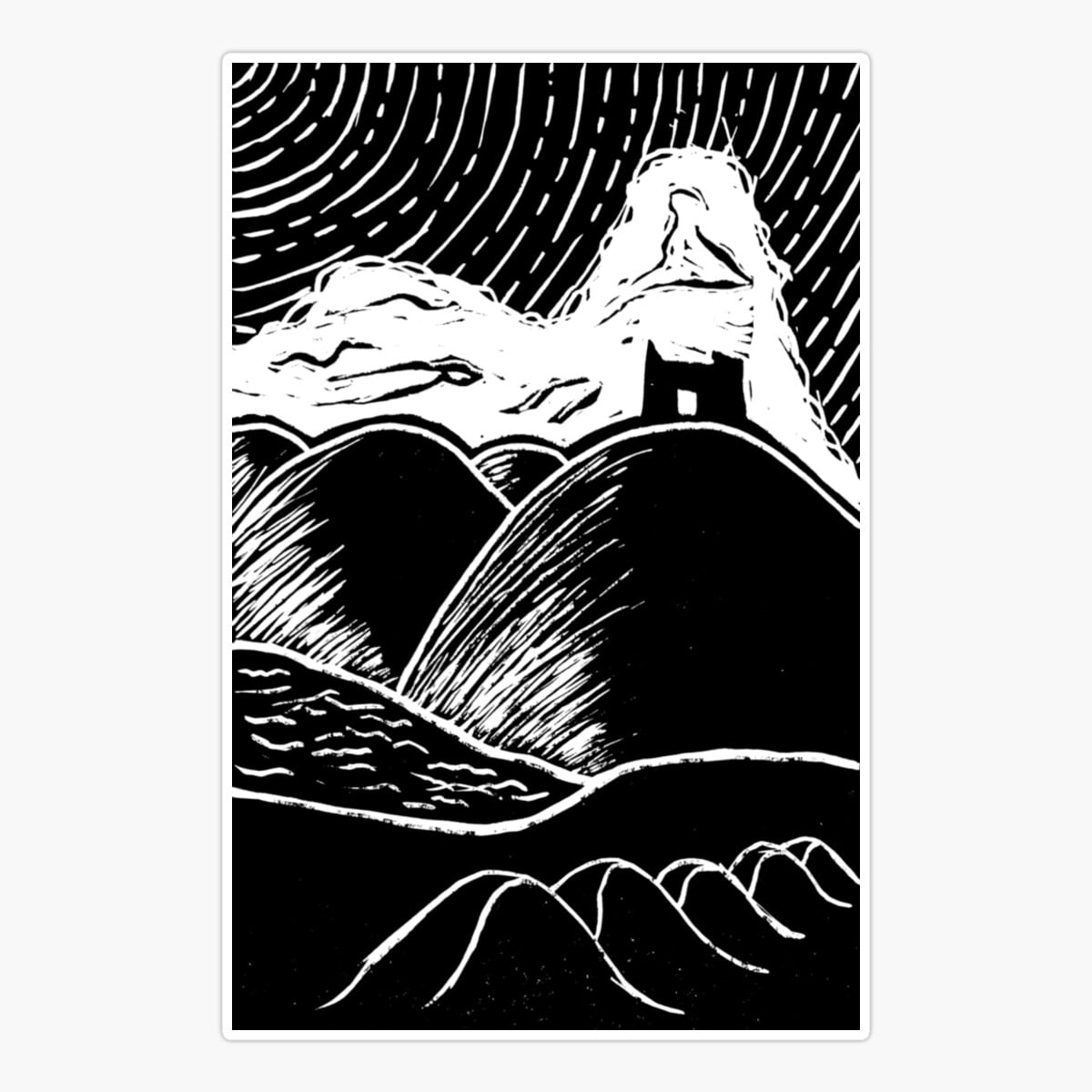 Maneki Woodcut Of Ruin Among Hills Sticker, Phone Decal Water Bottle ...