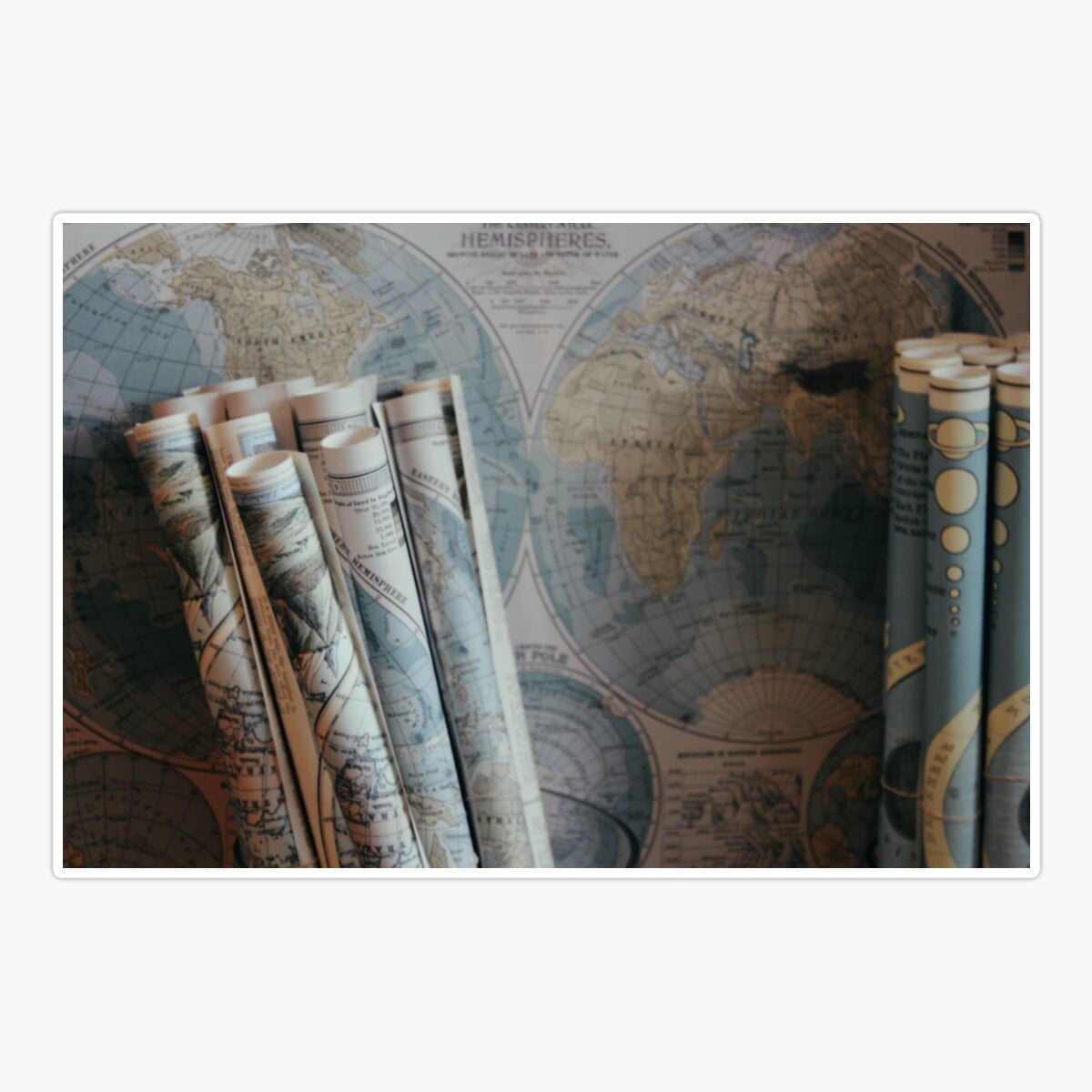 Maneki World Map And Rolled Maps Sticker, Phone Decal Water Bottle ...