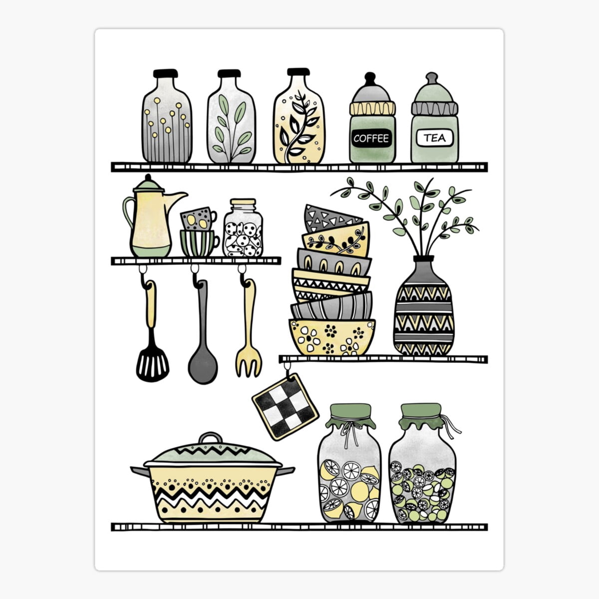 Maneki Yellow Boho Kitchen Shel Drawing Sticker, Phone Decal Water ...