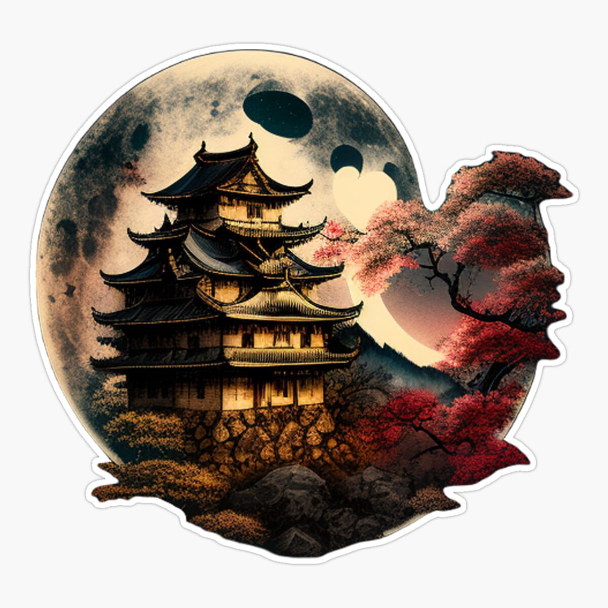 Maneki Yellow Moon Japanese Castle Sticker, Phone Decal Water Bottle ...